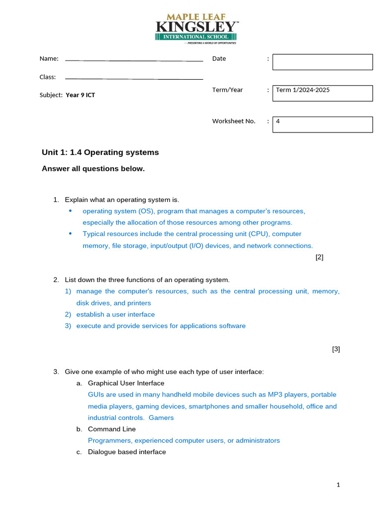 Y9#4 - Operating Systems - Answers | PDF | Graphical User Interfaces | Operating System