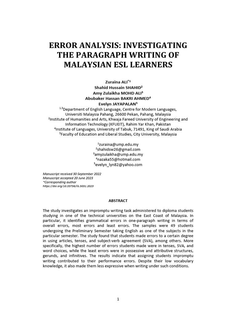 Ali, Shahid, Mohd Ali, Bakri Ahmed, Jayapalan - Error Analysis Investigating The Paragraph ...