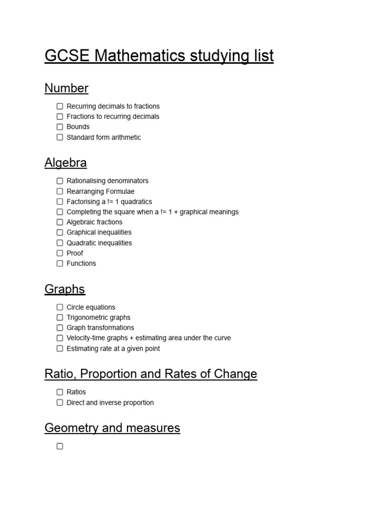 GCSE Mathematics Studying List | PDF