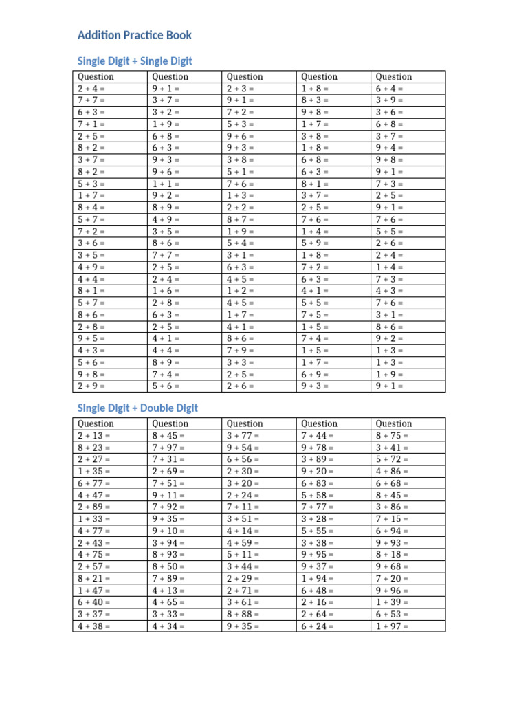 Single to Triple Digit Addition Practice | PDF