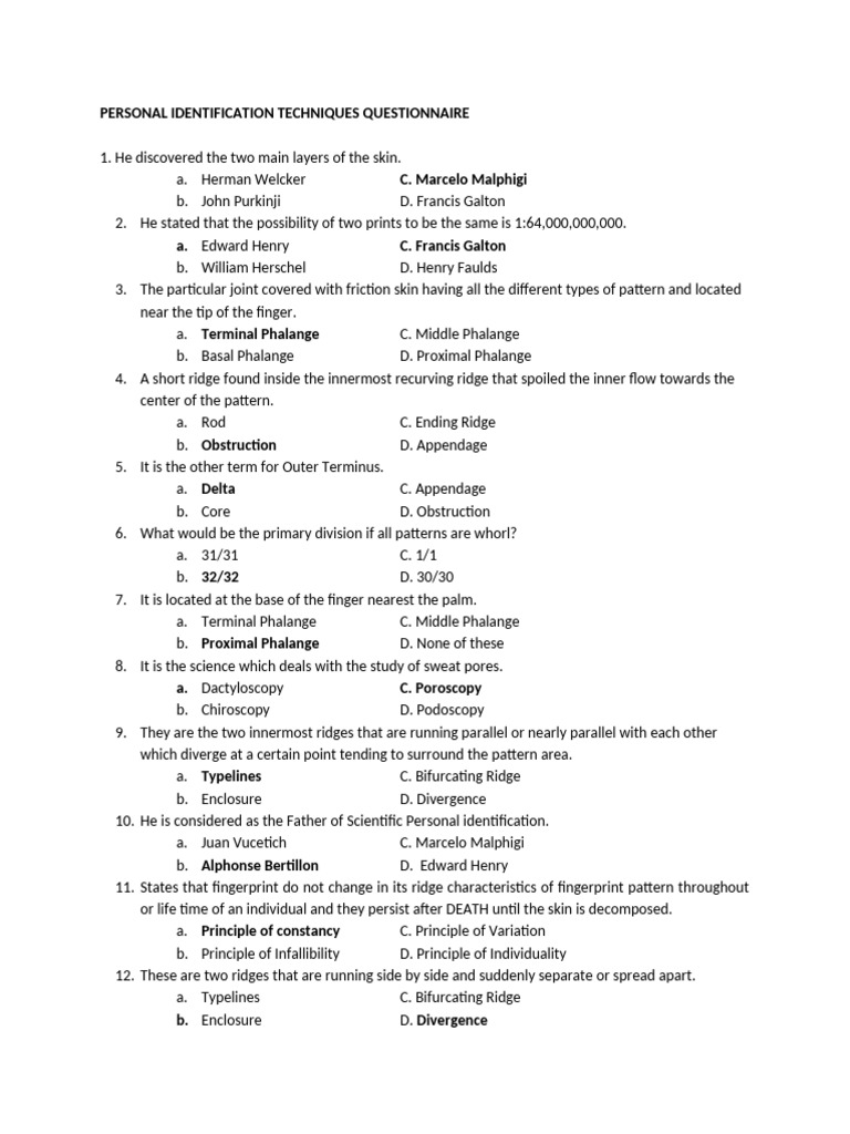 Personal Identification Techniques Quiz | PDF | Fingerprint | Biometrics