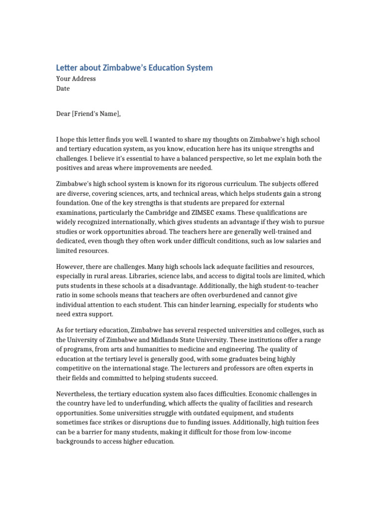 Letter Zimbabwe Education System | PDF
