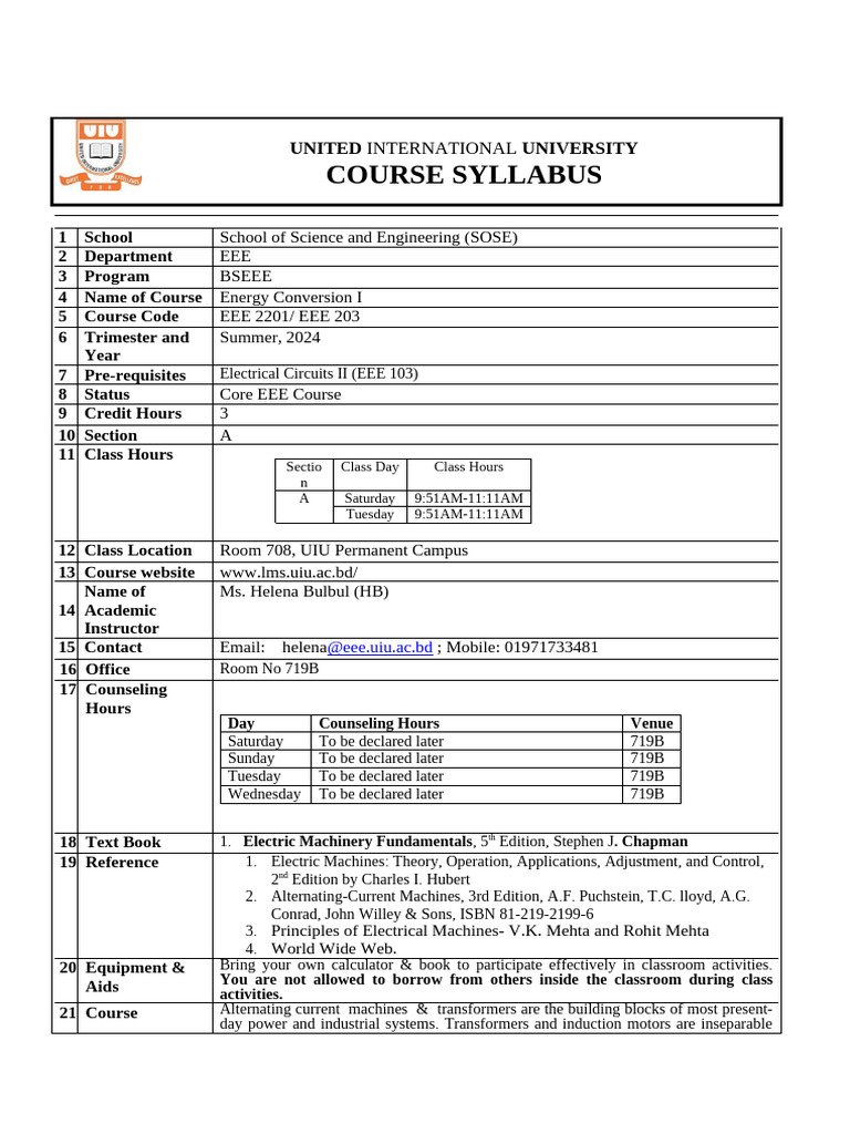 Energy Conversion I Course Syllabus | PDF | Electric Motor | Transformer