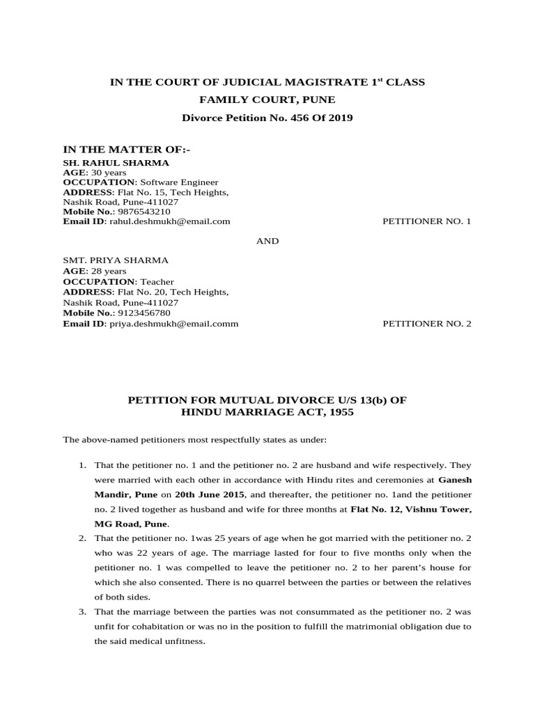 Mutual Divorce Petition Under HMA 13B | PDF | Affidavit | Marriage
