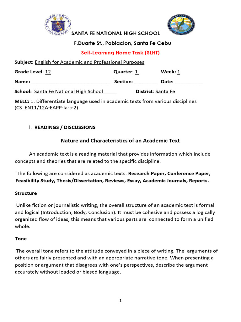 EAPP Q1 Week 1 Academic Texts | PDF | Vocabulary | Slang