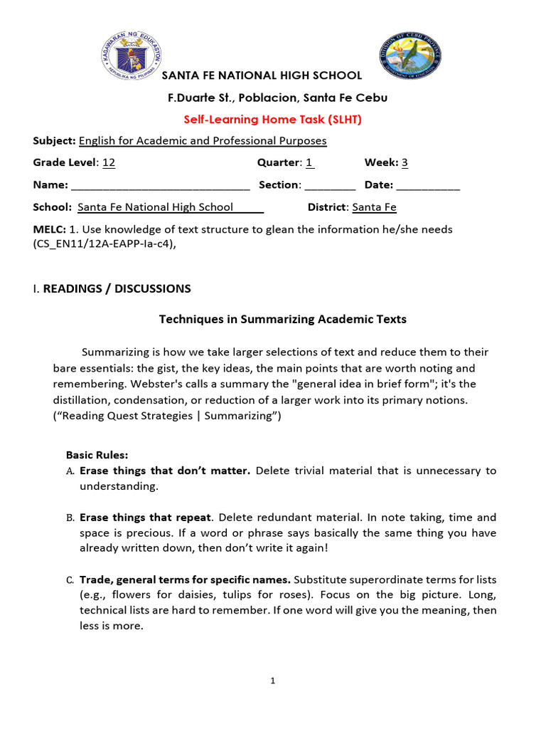 EAPP Q1 Week 3 Summarizing | PDF | Calorie | Foods