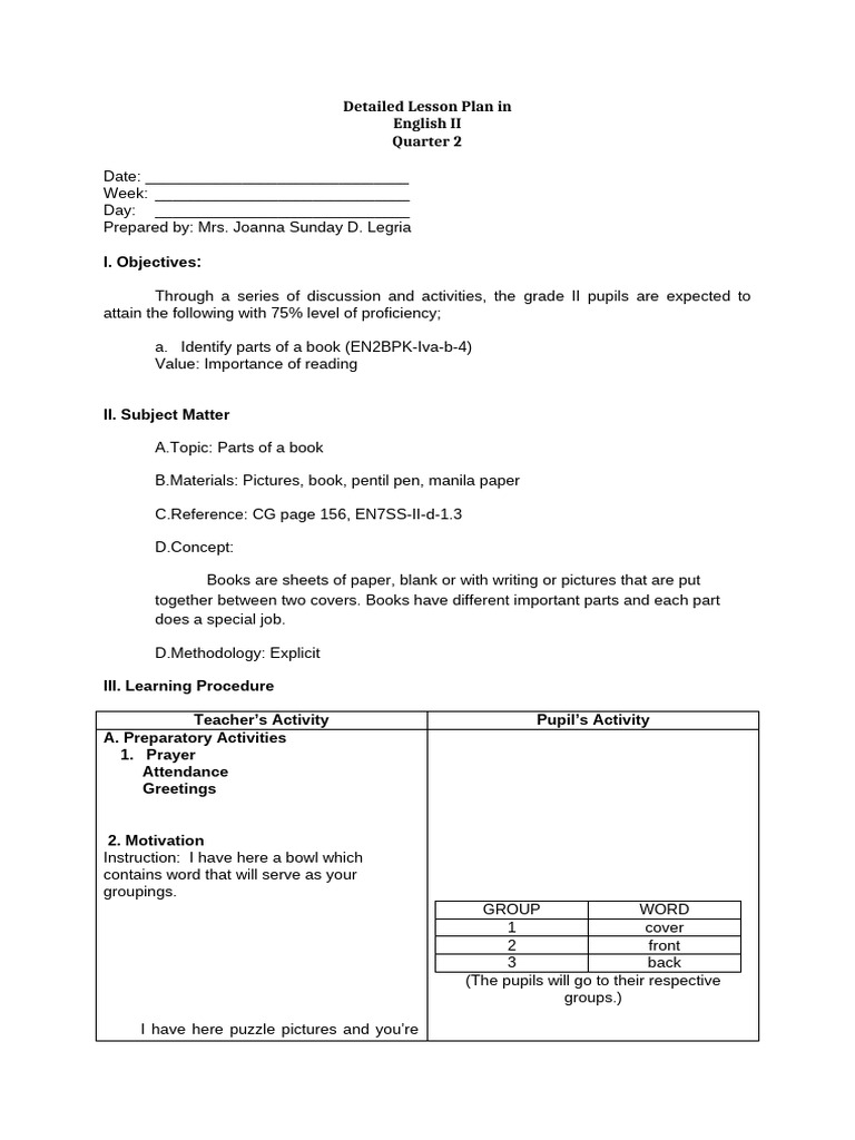 Detailed Lesson Plan in English 2 | PDF | Books | Lesson Plan
