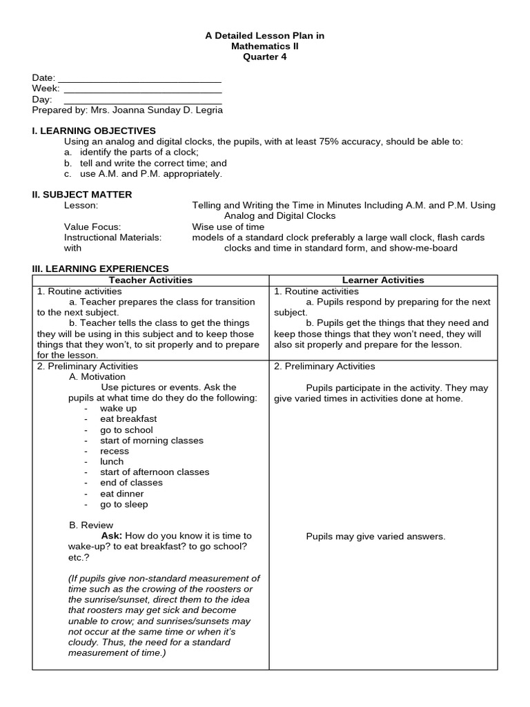 A Detailed Lesson Plan in Mathematics 2 Q4 | PDF | Clock | Lesson Plan