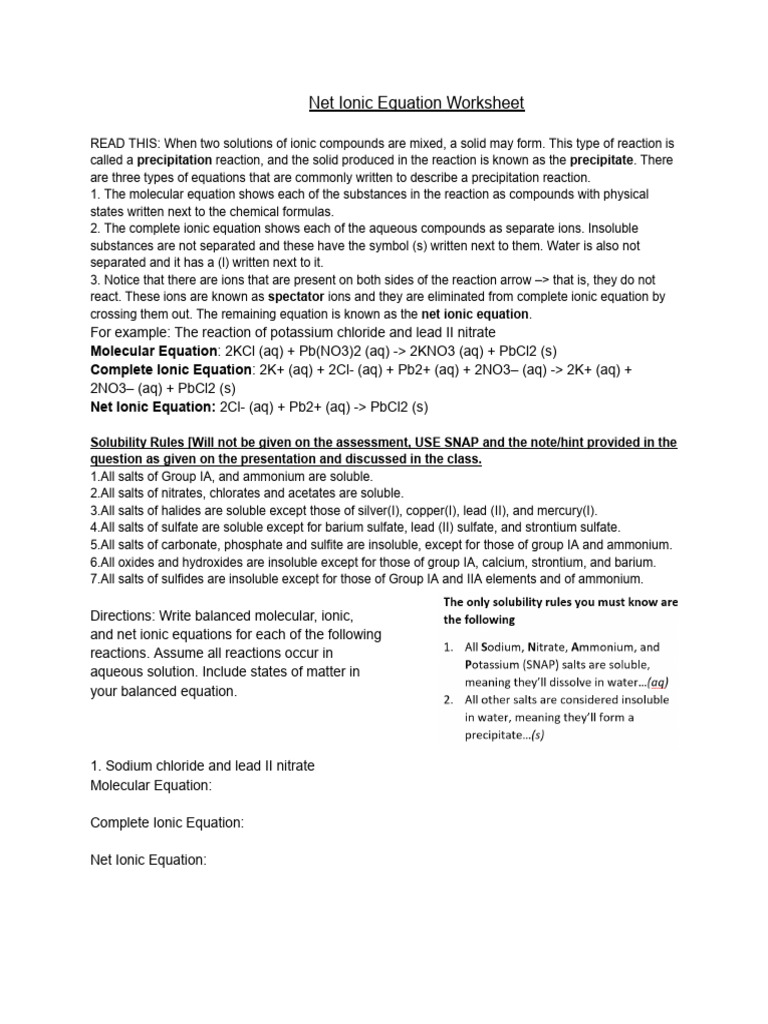 Net Ionic Equation Worksheet | PDF | Salt (Chemistry) | Solubility