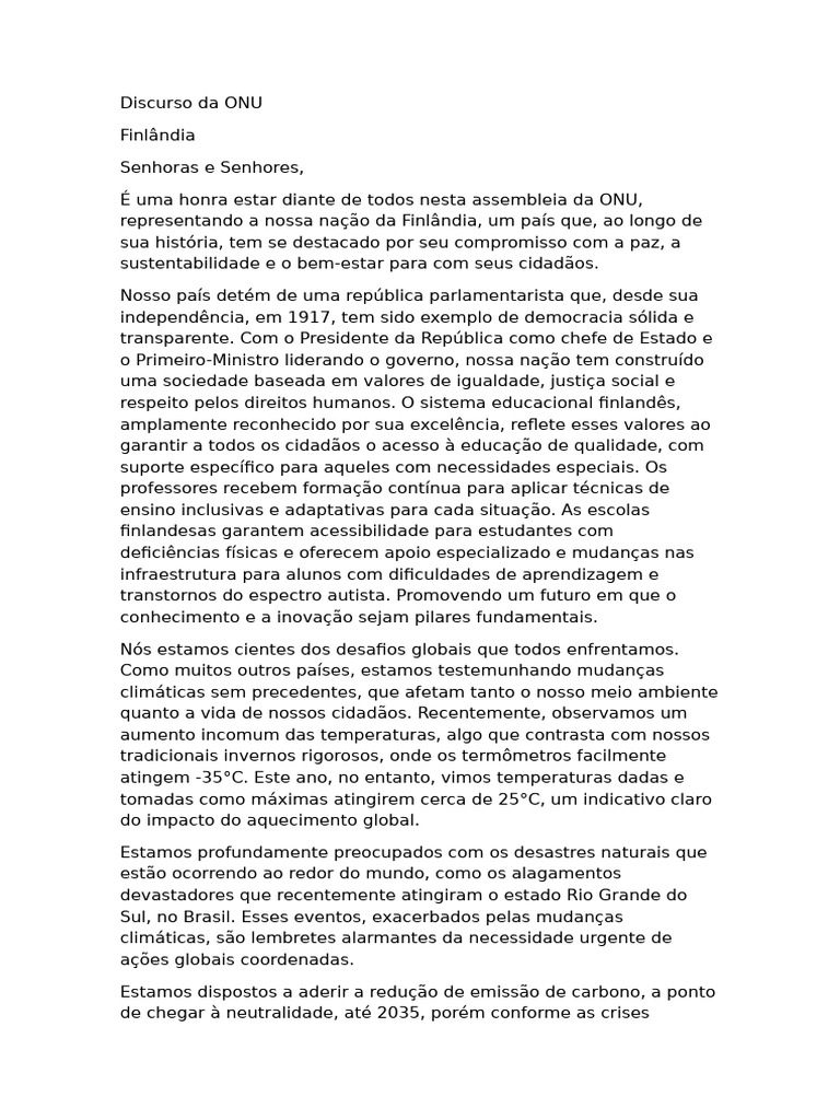 Discurso da Finlândia na ONU 2023 | PDF | Finlândia | Aquecimento ...