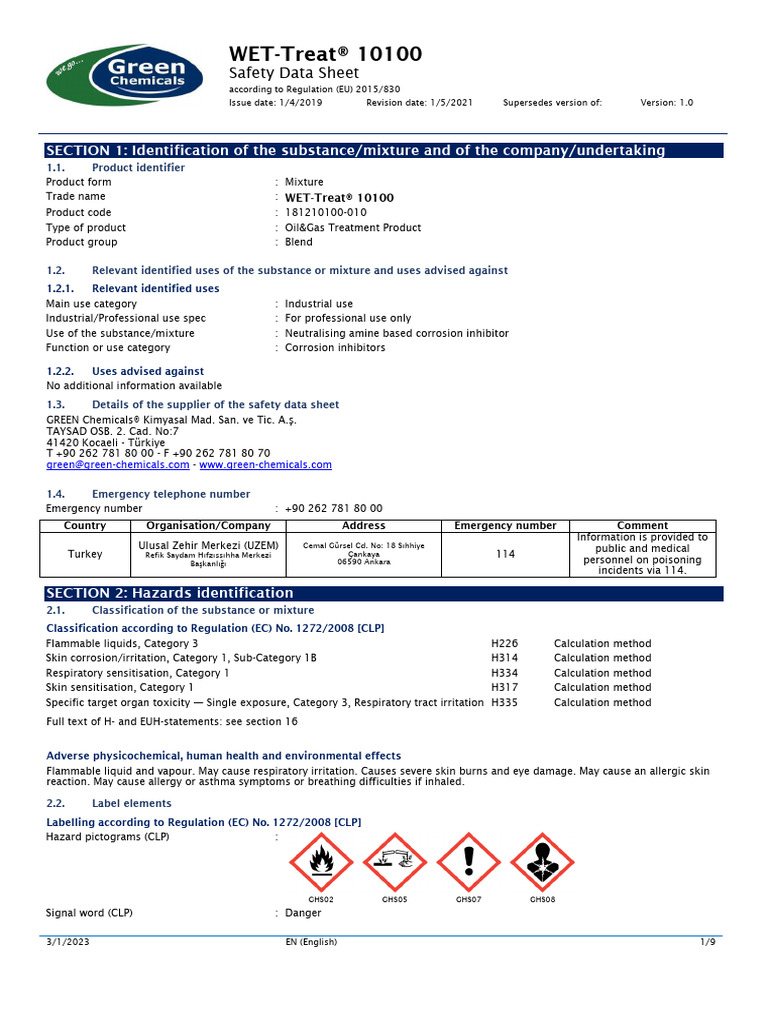 WET-Treat®10100 MSDS CLP EN | PDF | Toxicity | Allergy