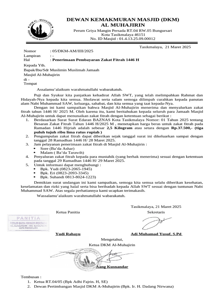 5-III Surat Edaran Zakat Fitrah 1446 H DKM Al-Muhajirin | PDF