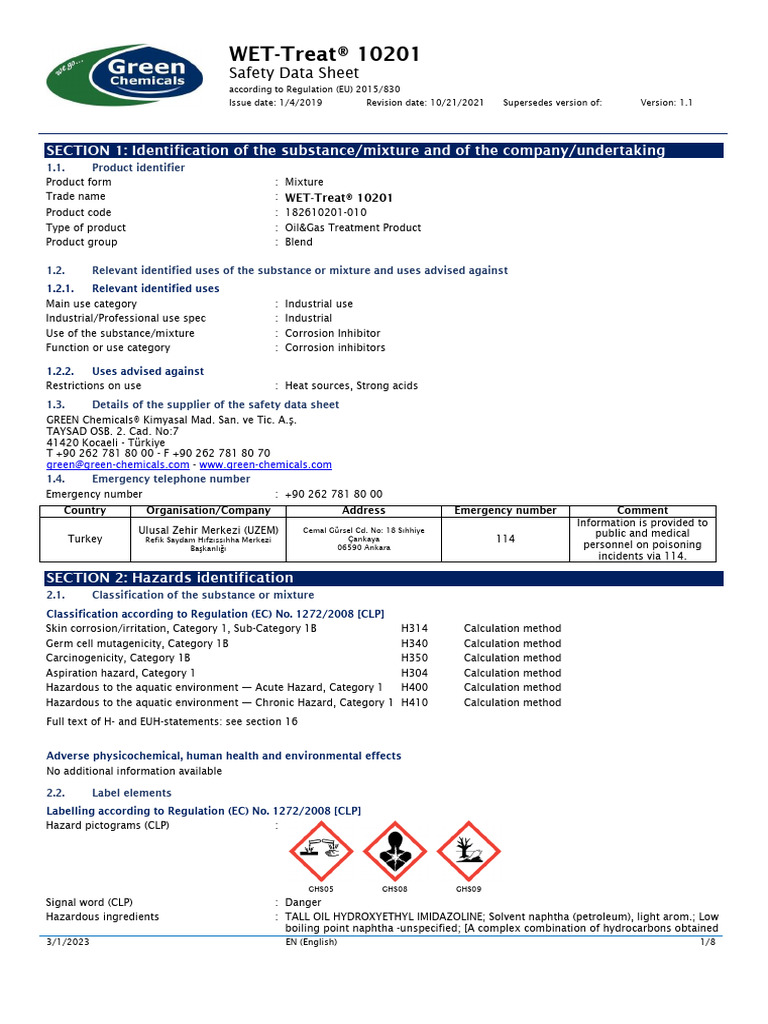 WET-Treat®10201.MSDS.CLP.EN | PDF | Toxicity | Dangerous Goods