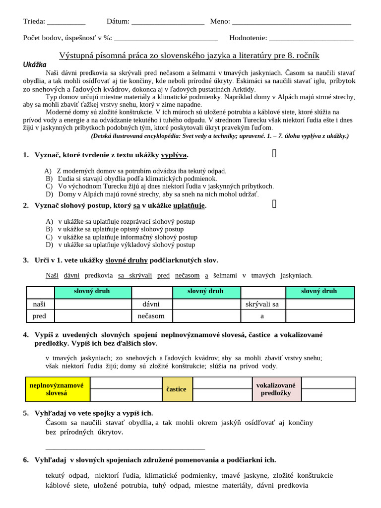 SJL 8 - Výstupná Písomná Práca + Odpovede, Bodovanie, Stupnica Hodnotenia | PDF