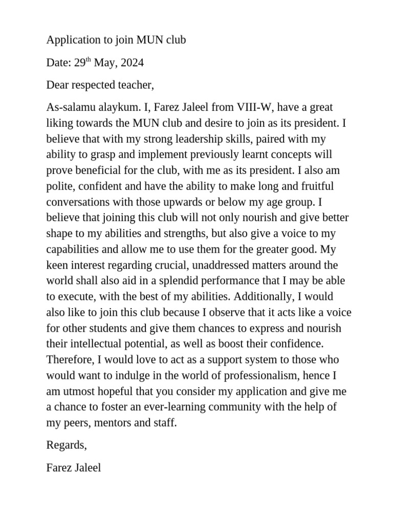 Application To Join MUN Club | PDF