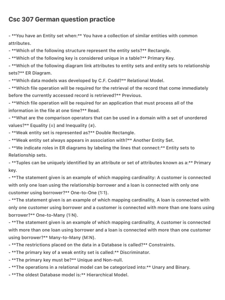 CSC 307 German Question Practice | PDF | Databases | Conceptual Model
