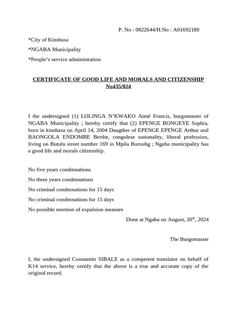 Certificate of Good Life: Epenge Bongeye | PDF