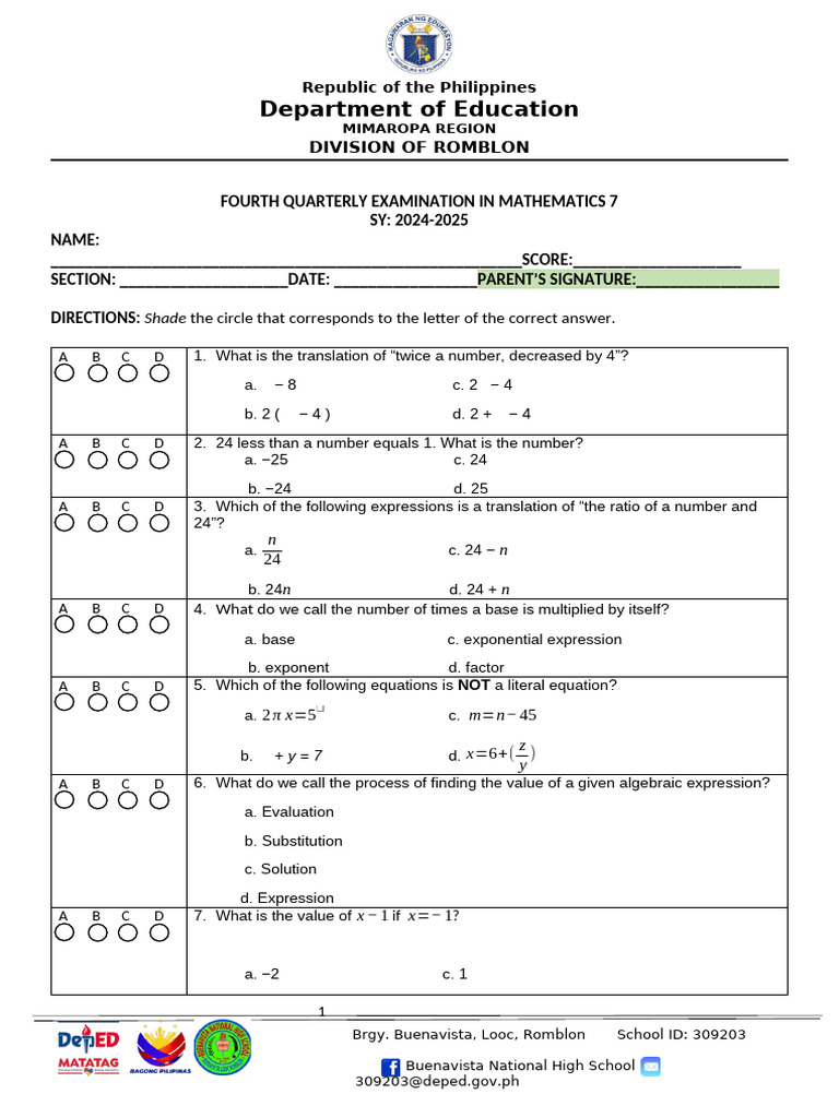 Math 7 Quarterly Exam 2024-2025 | PDF | Numbers | Arithmetic
