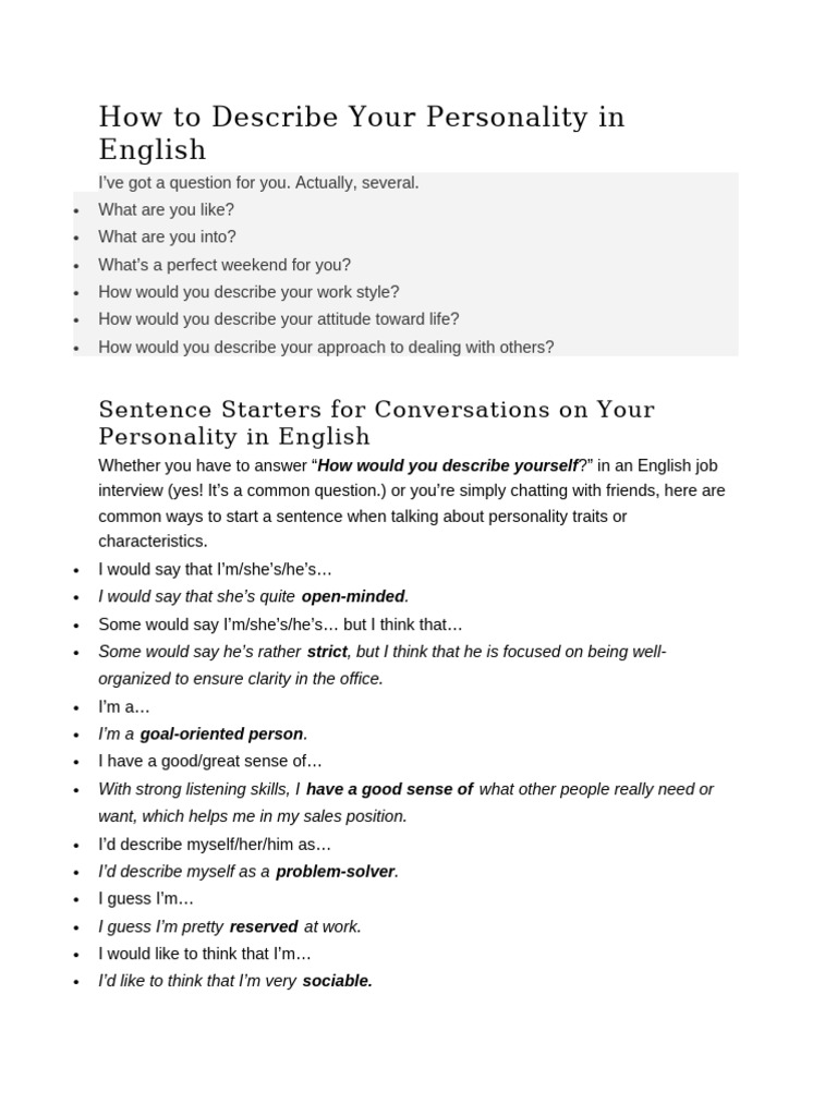 How To Describe Your Personality in English | PDF | Question | Adjective