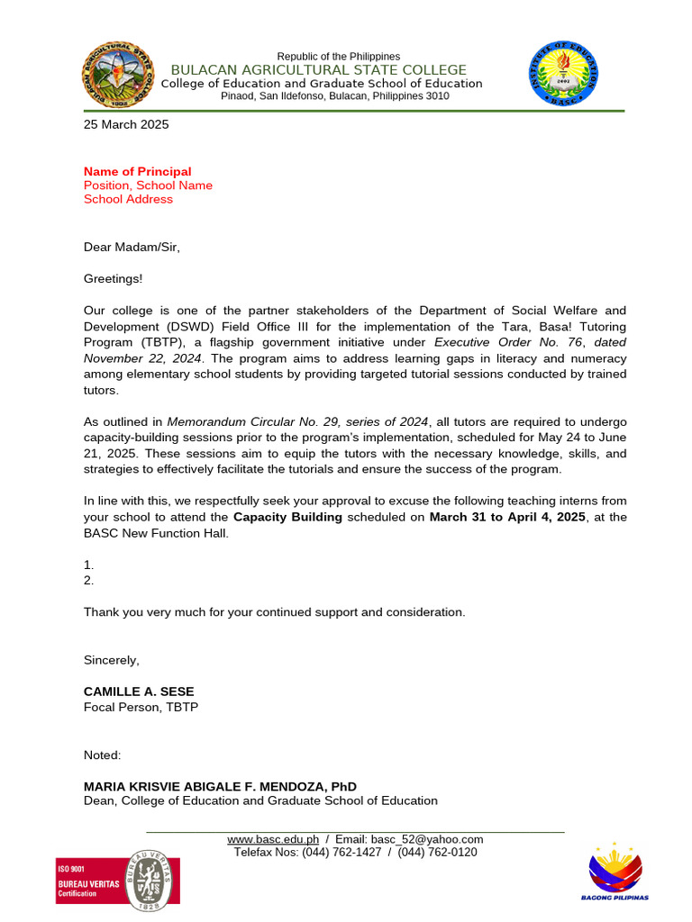 Tara Basa - Excuse Letter For PTs | PDF