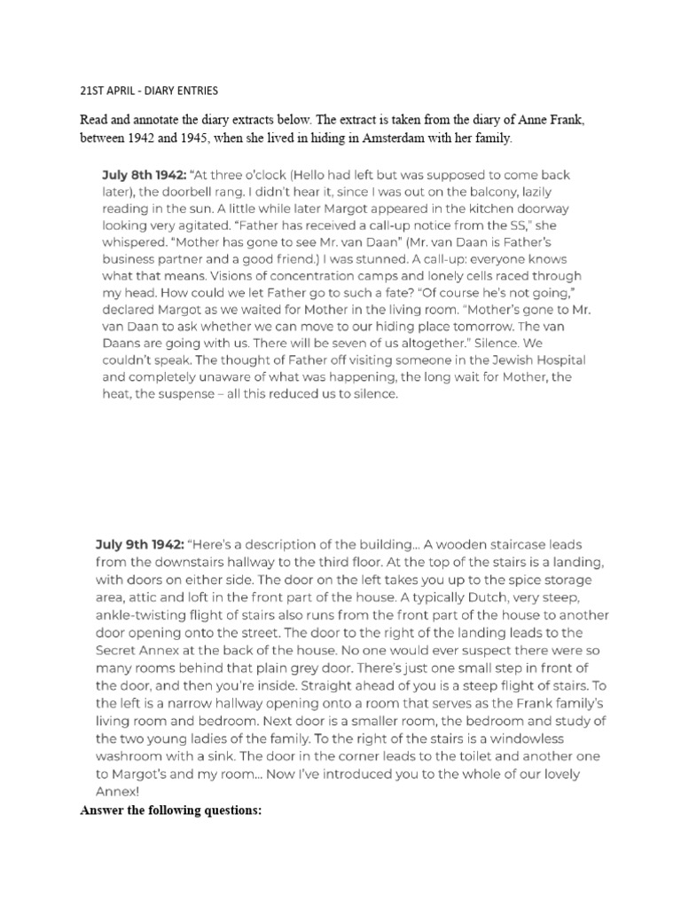 Anne Frank Diary Analysis and Activities | PDF | Aviation