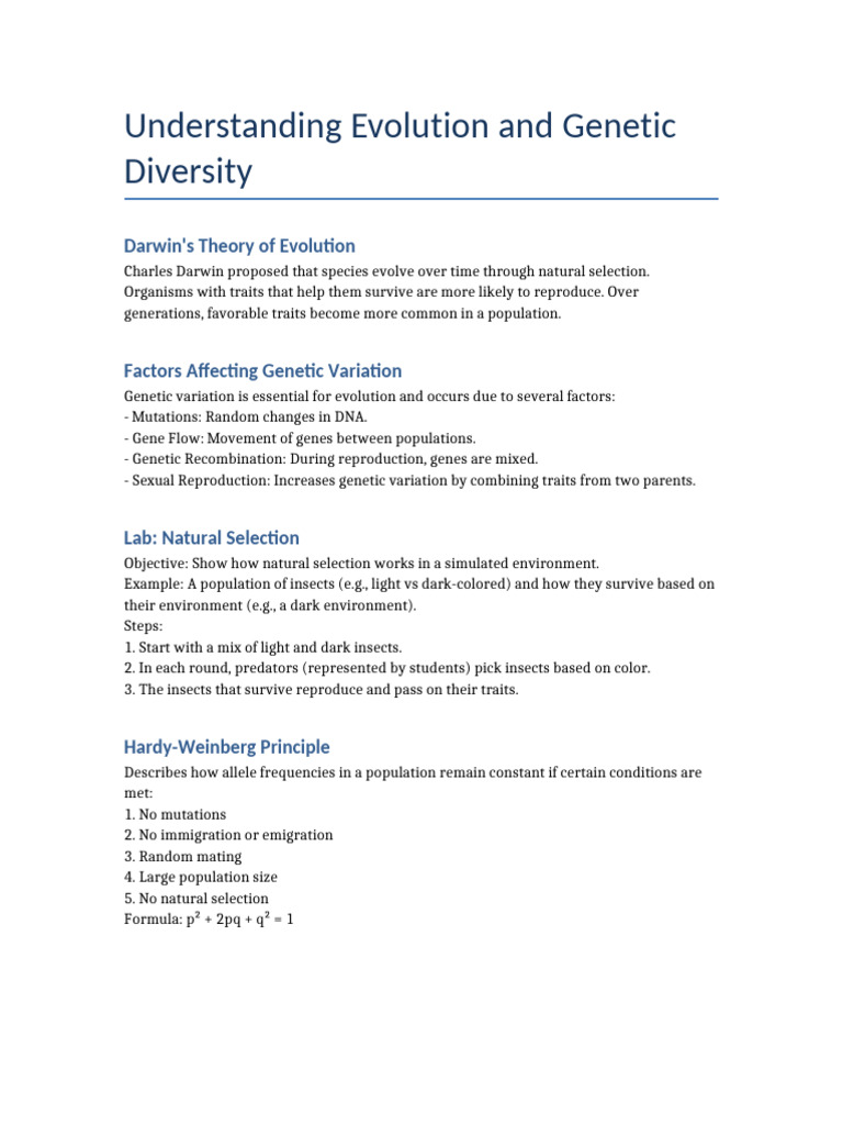 Evolution and Genetic Diversity Notes | PDF | Evolution | Natural Selection