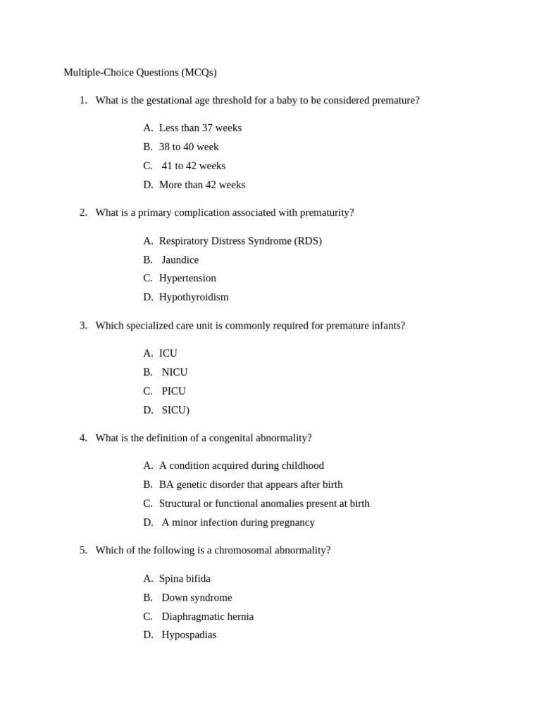 Prematurity and Congenital Abnormalities MCQs | PDF | Preterm Birth ...