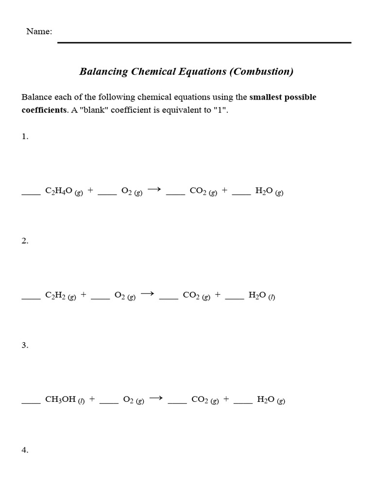 Balancing Chemical Equations (Combustion) Quiz | PDF