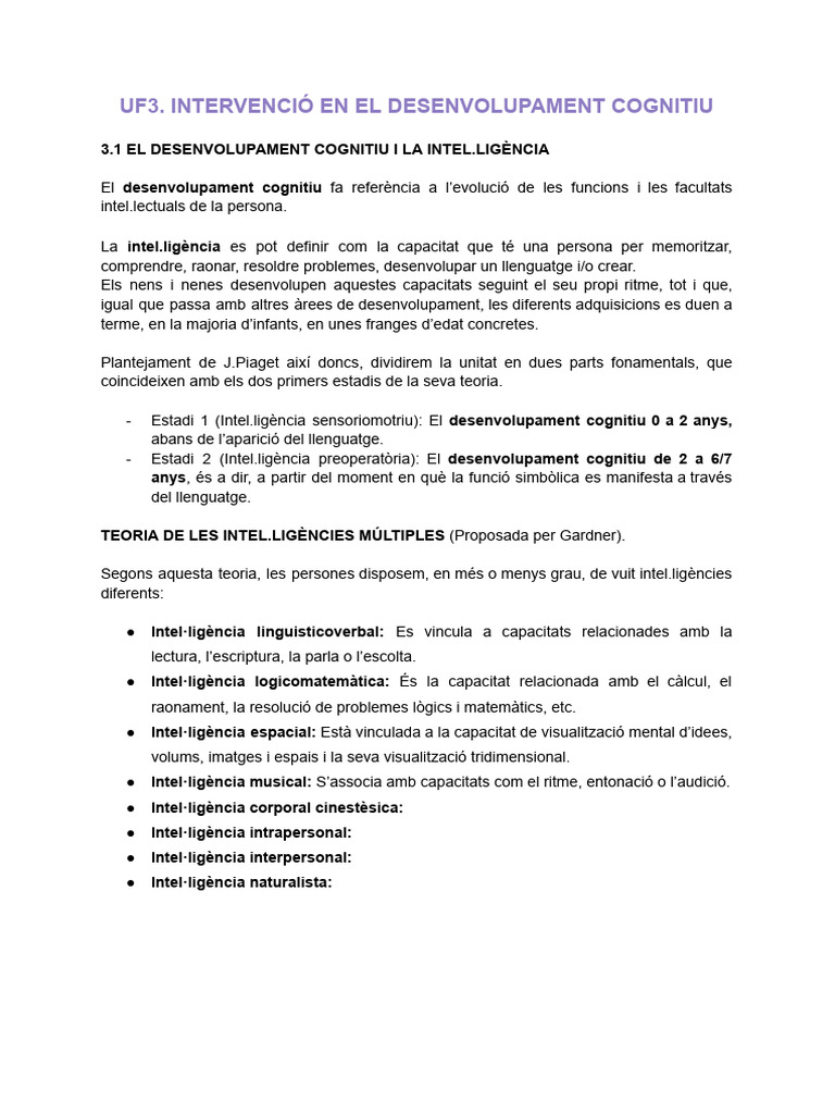 UF3_ Intervenció en el desenvolupament cognitiu | PDF
