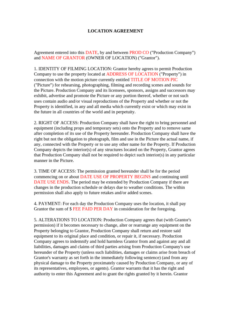 Shooting Location Agreement Template | PDF | Indemnity | Justice