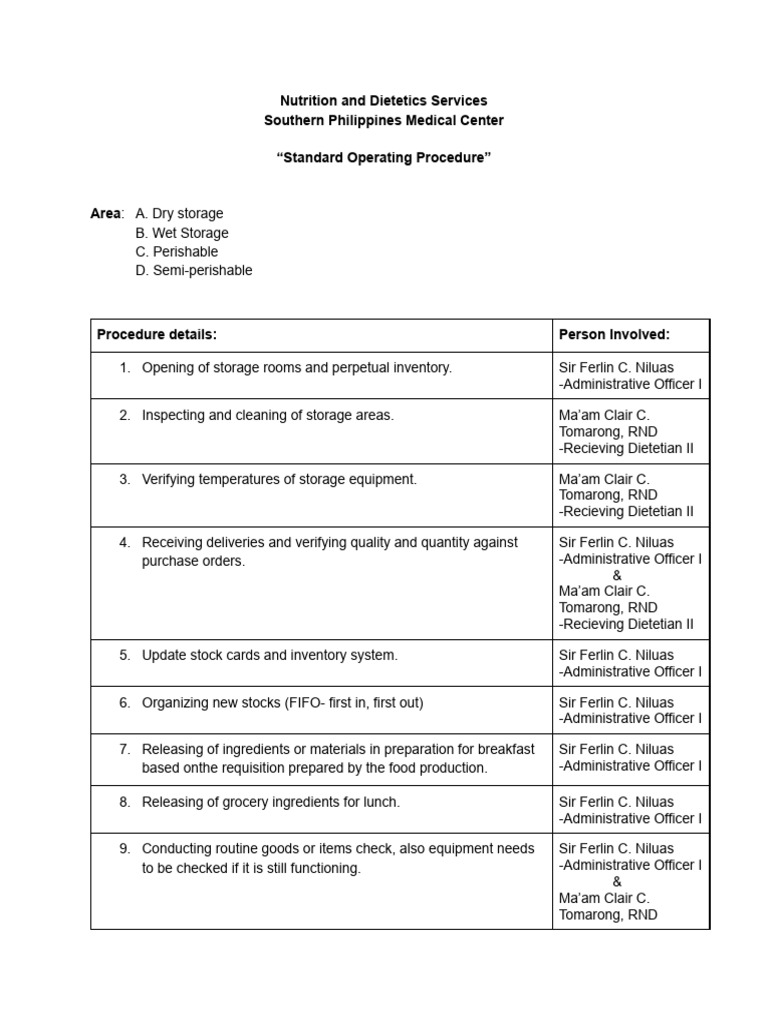 Standard Operating Procedure | PDF | Dietitian