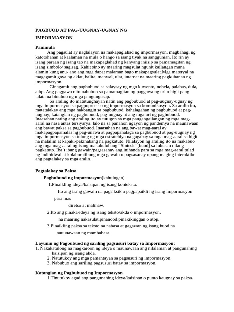 Pagbuod at Pag Uugnay Ugnay NG Impormasyon | PDF