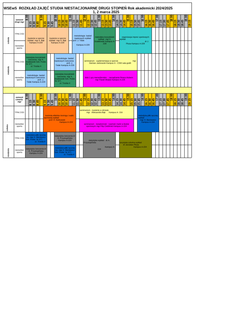 Plan Zajęć Dla Studiów Magisterskich Semestr Letni Aktualizacja 28 Marca 2025 | PDF