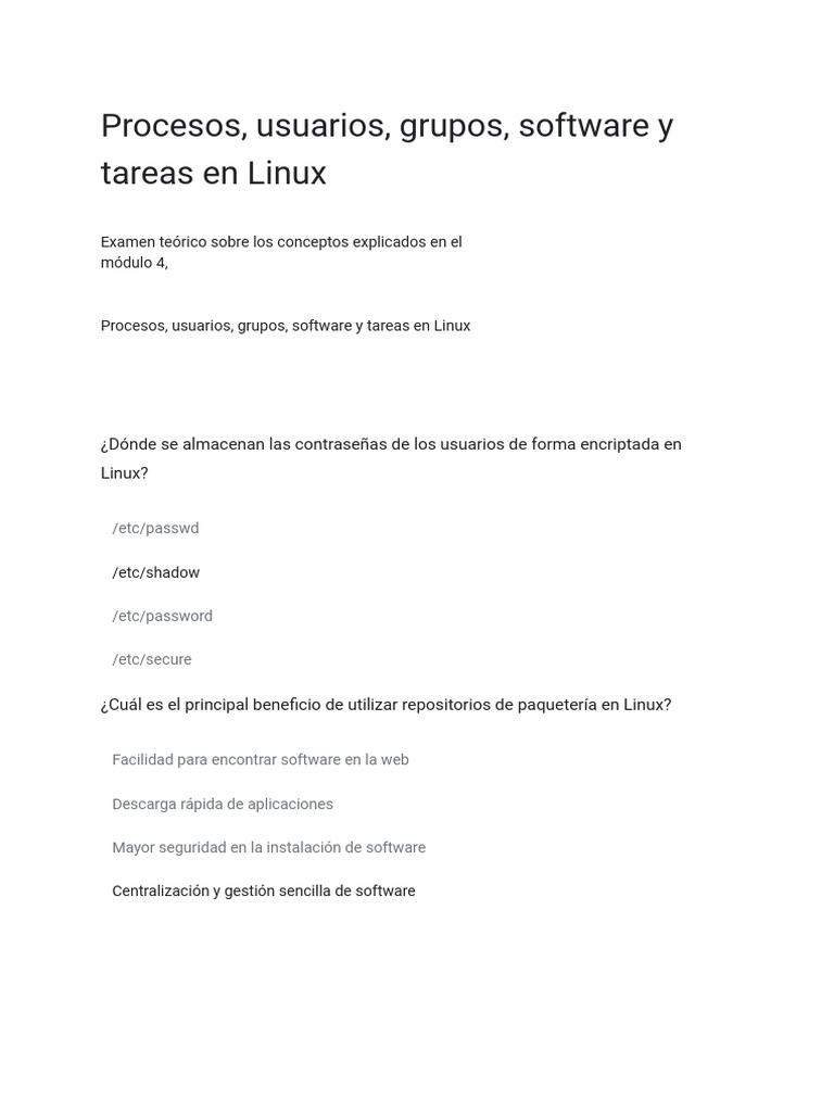 Examen teorico Procesos, usuarios, grupos, software y tareas en Linux | PDF | Informática | Software