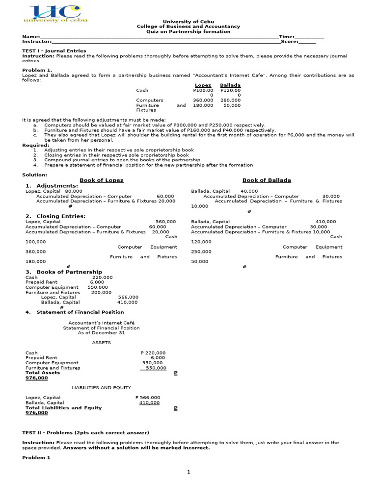 Quiz 2 (Partnership Formation Part 2) With Answer | PDF | Balance Sheet ...