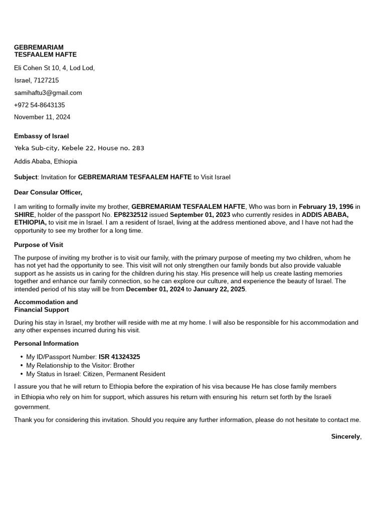 Israel Visa Invitation for Family Visit | PDF