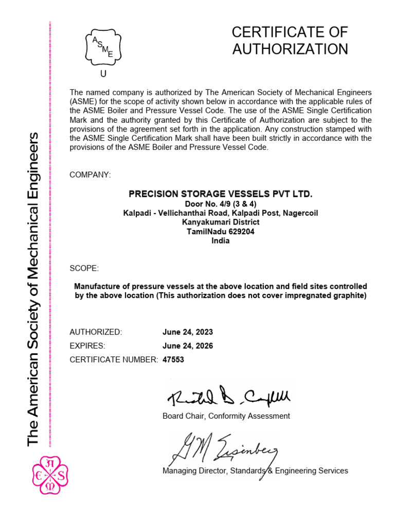 ASME Certification for Pressure Vessels | PDF