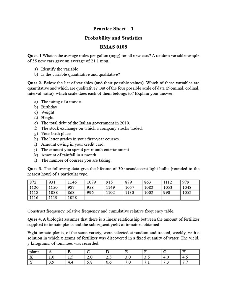 Practice Sheet - 1 (Upto Measure of Central Tendency) | PDF | Level Of ...