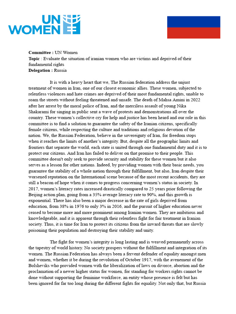 Committee - UN Women - PositionPaper.Russia | PDF | Iran | Russia