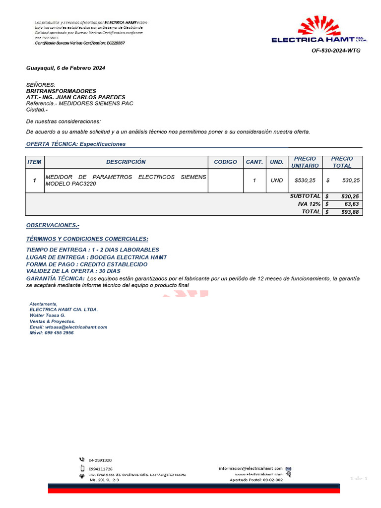 Oferta-530-202-Wtg Britransformadores Medidor Pac 3220 | PDF