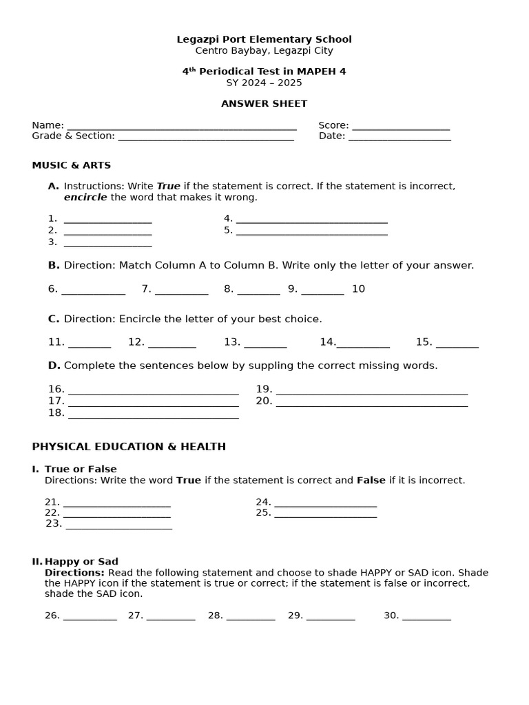 4th Quarter_Answer Sheet_MAPEH 4 | PDF