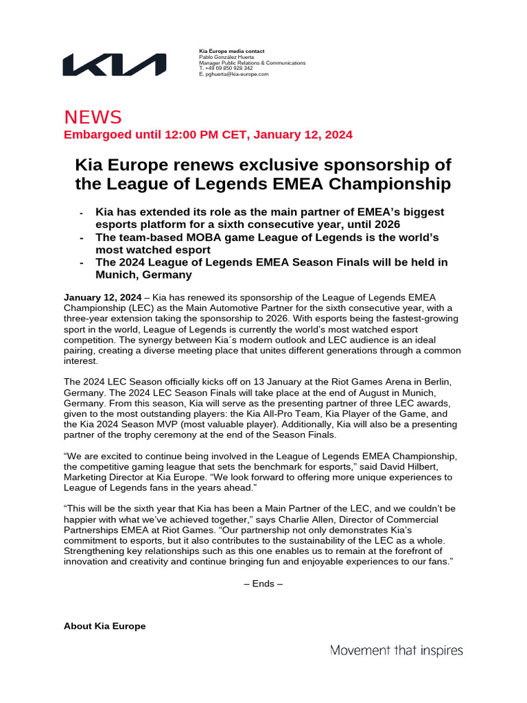 1 - PRESS RELEASE - Kia Renews LEC Sponsorship | PDF