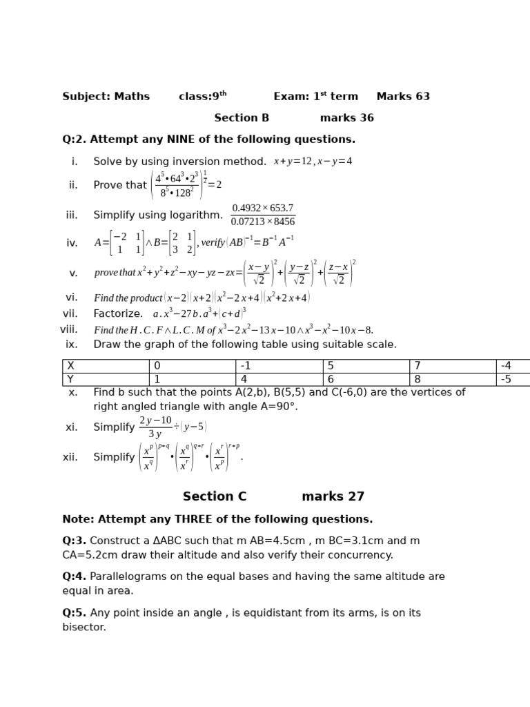 class 9th 2025 section B and C | PDF | Euclid | Triangle Geometry