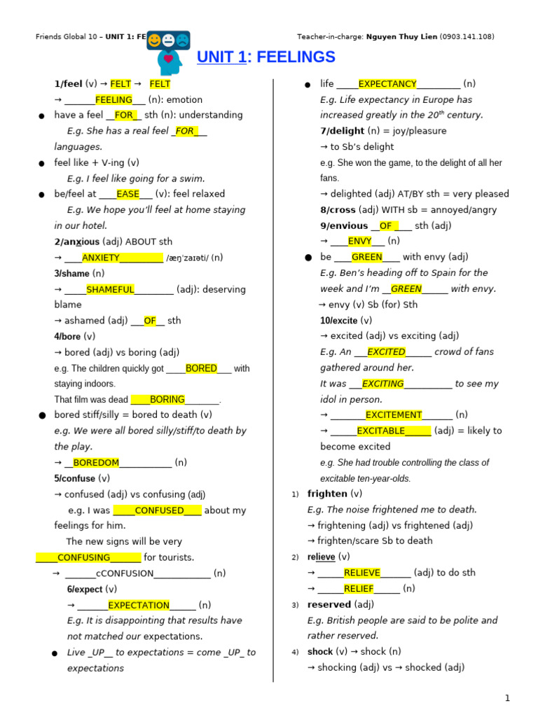 Unit 1-FEELINGS (SS' Version) | PDF