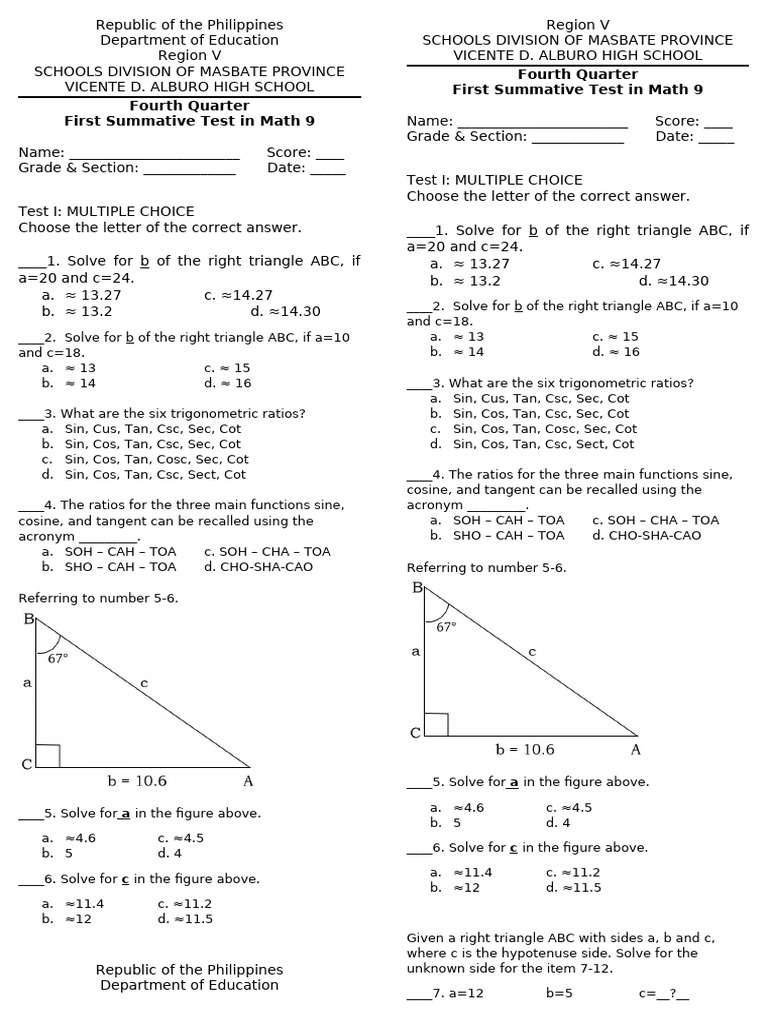 1ST SUMMATIVE IN MATH (4TH QUARTER) | PDF | Trigonometric Functions | Euclid