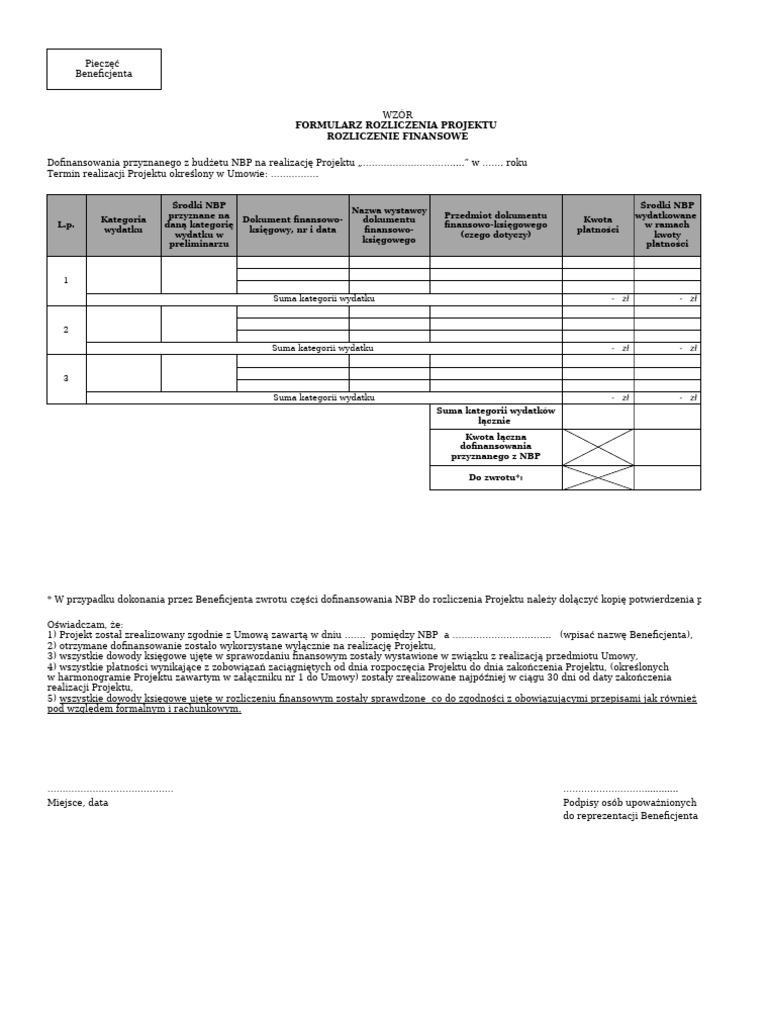 Wzor Formularza Rozliczenia Finansowego Projektu | PDF