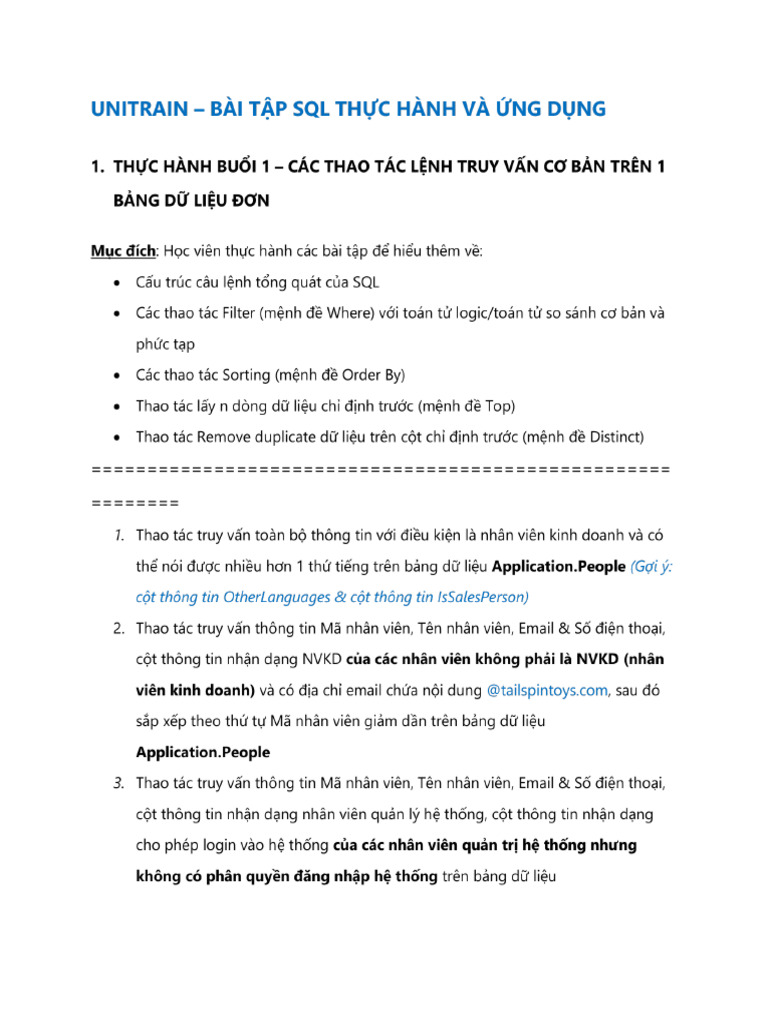 UniTrain BaiTap SQL ThucHanh Buoi1 2024 | PDF