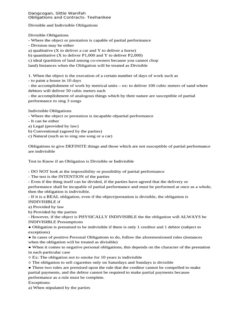 Divisible and Indivisible Obligations | PDF | Business Law | Civil Law ...