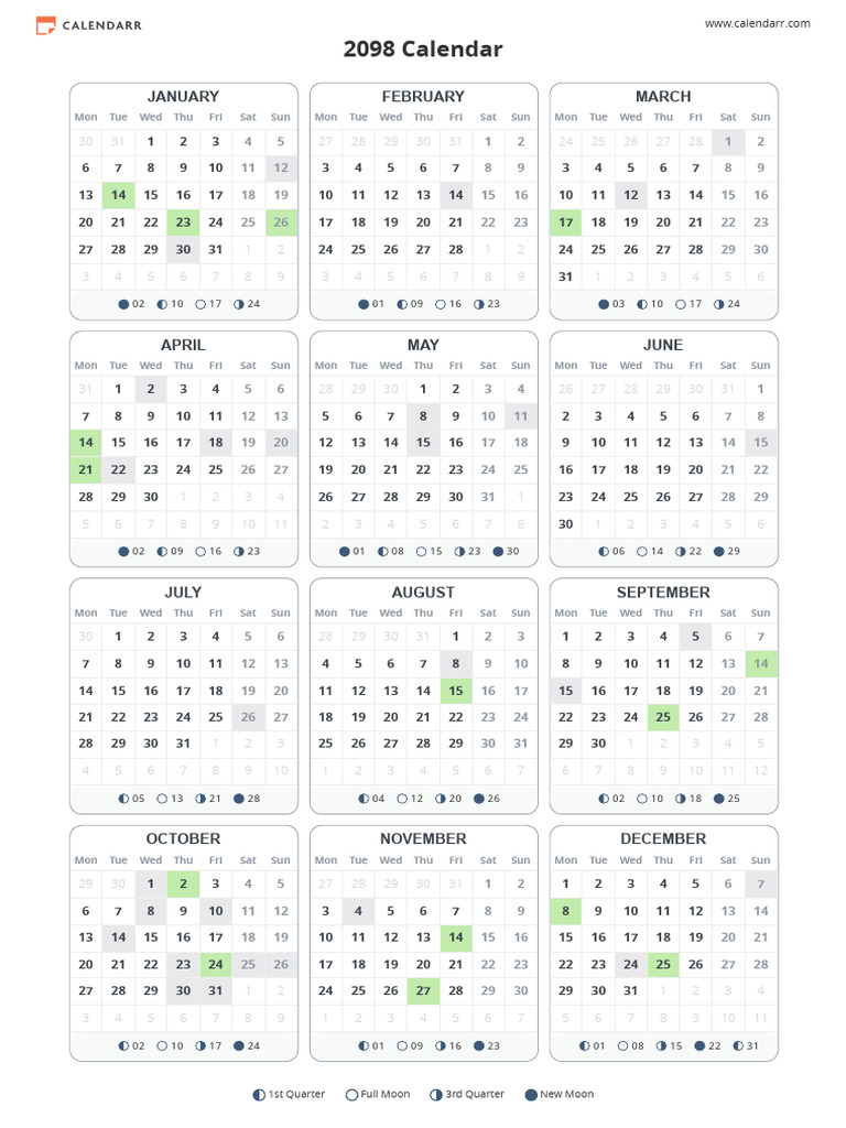2098 Calendar (Printable) - Calendarr | PDF | Religious Holidays ...