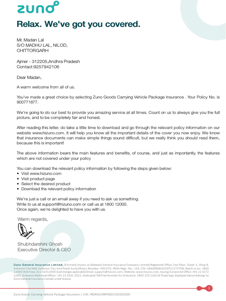 Zuno Vehicle Insurance Policy Details | PDF